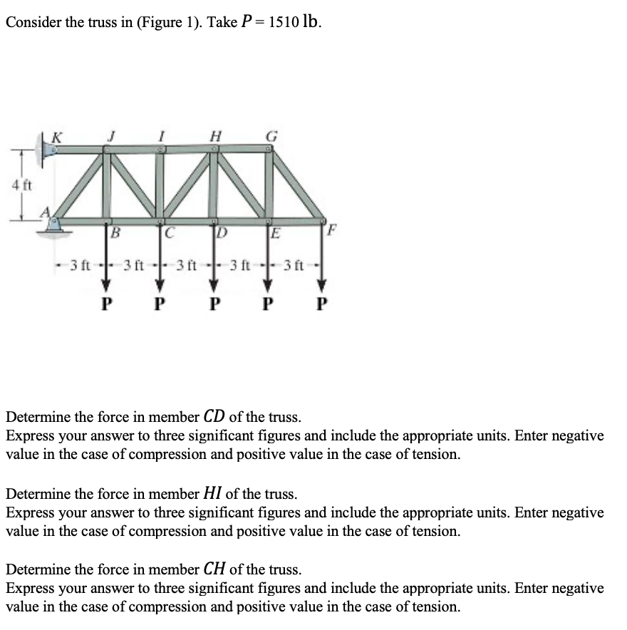 Solved Consider the truss in (Figure 1). Take P= 1510 lb. - | Chegg.com
