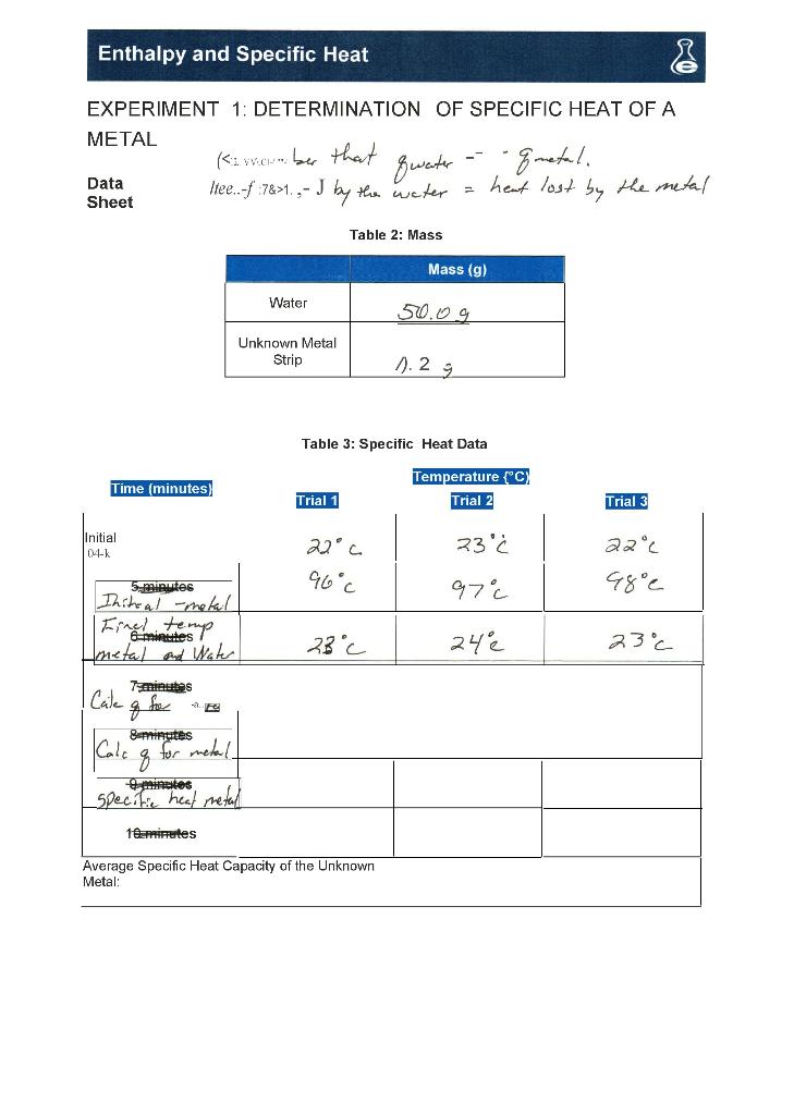 Enthalpy and Specific Heat EXPERIMENT 1: | Chegg.com
