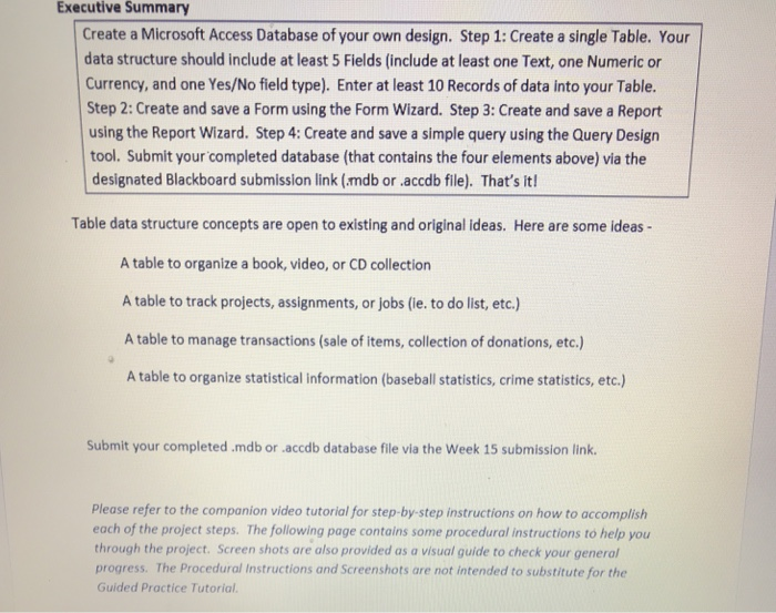 Solved Executive Summary Create a Microsoft Access Database | Chegg.com