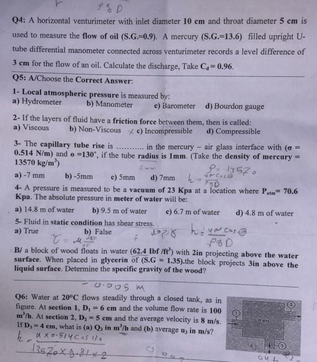 Solved Q4: A horizontal venturimeter with inlet diameter 10 | Chegg.com