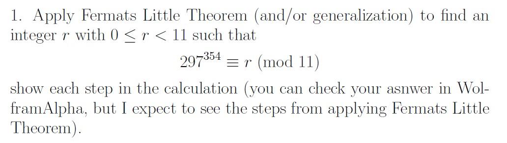 Solved 1. Apply Fermats Little Theorem (and/or | Chegg.com
