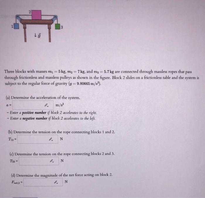 Solved 1 g Three blocks with masses mi = 5 kg, m2 = 7kg, and | Chegg.com