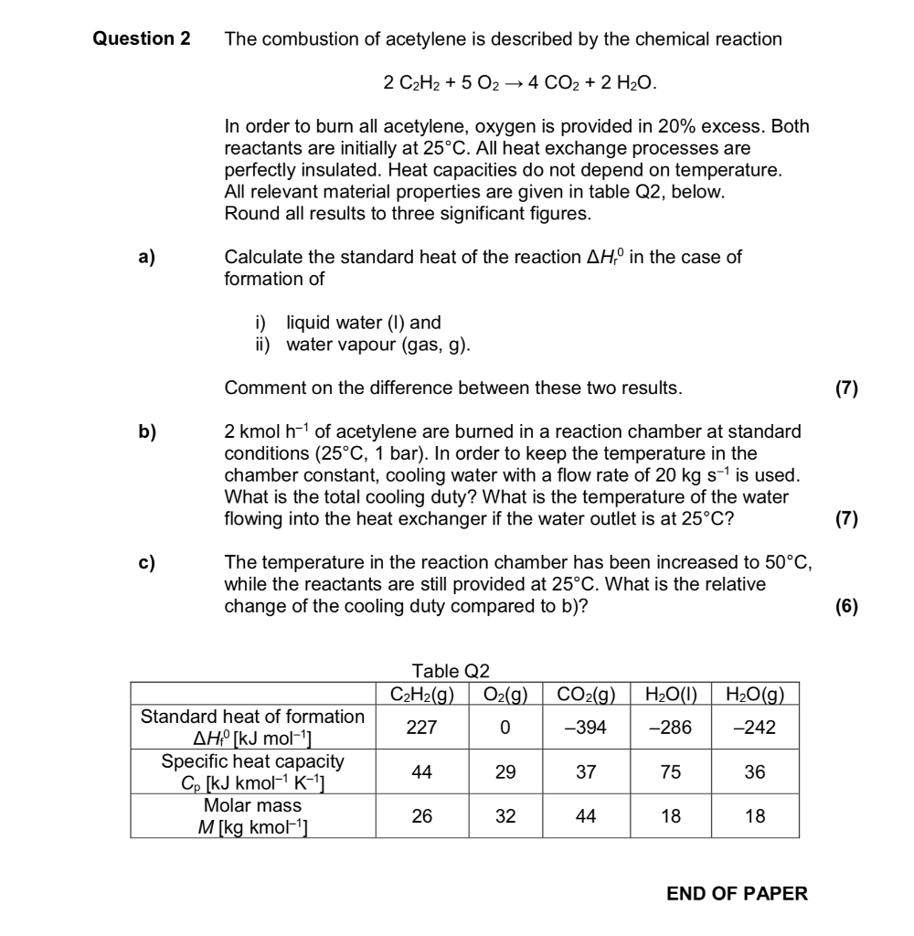 Solved Question 2 The combustion of acetylene is described | Chegg.com