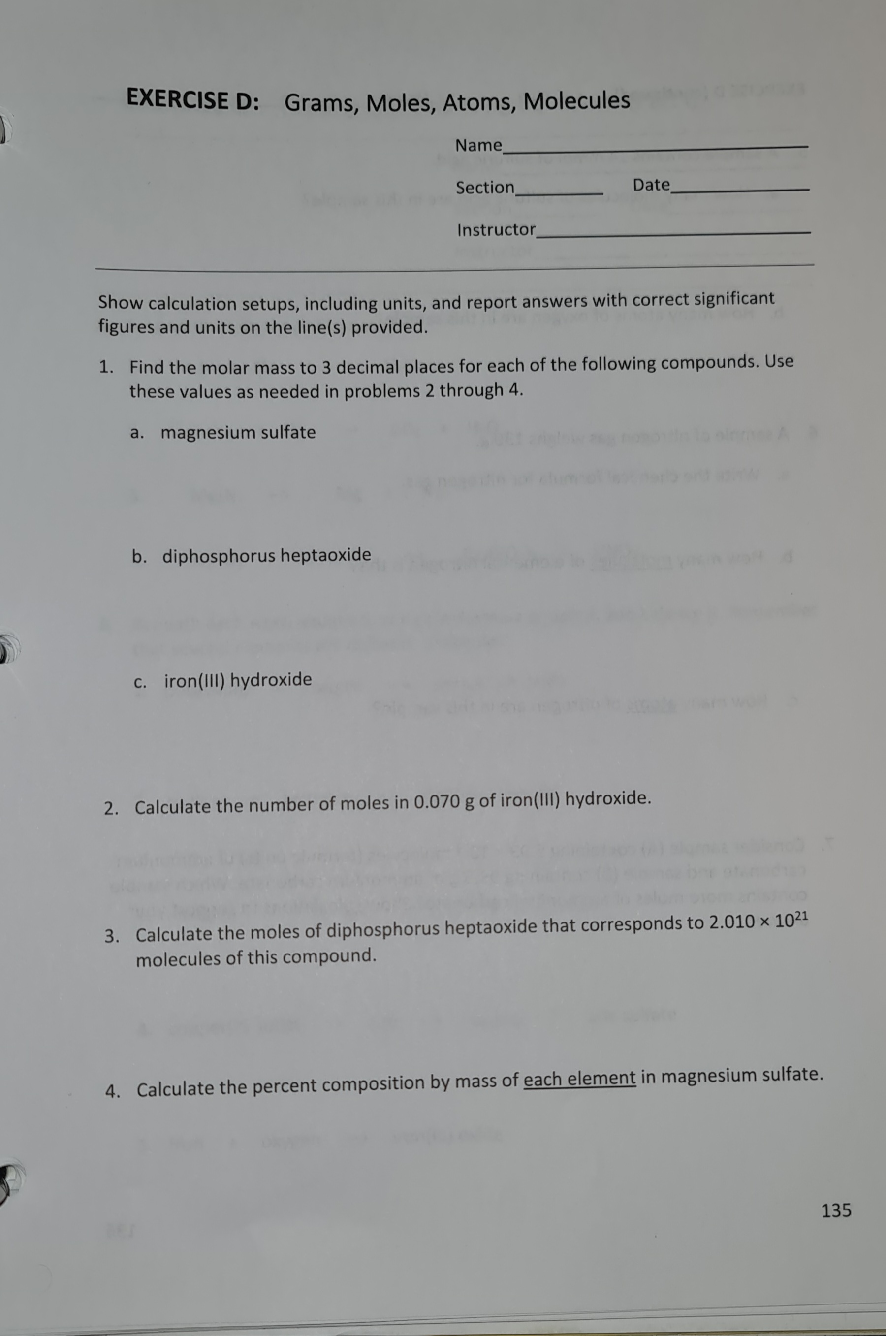 Solved EXERCISE D: Grams, Moles, Atoms, Molecules Name | Chegg.com