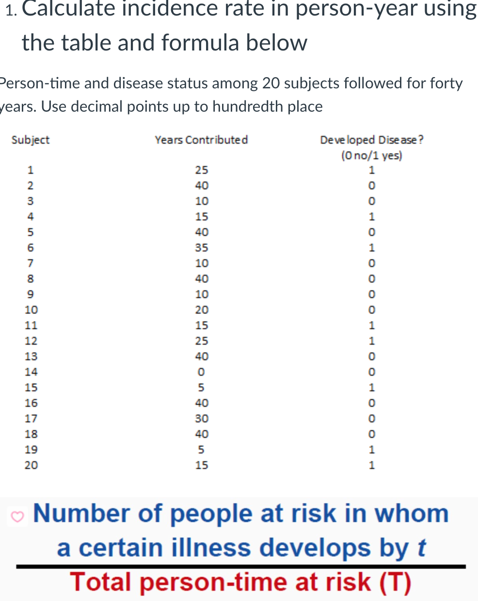 Solved 1. Calculate incidence rate in person-year using the | Chegg.com