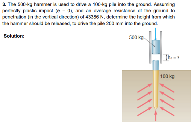Solved 3. The 500-kg hammer is used to drive a 100-kg pile | Chegg.com