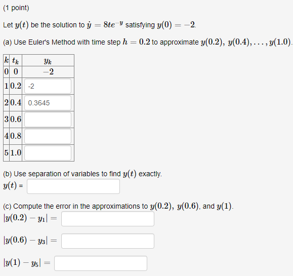 Solved (1 point) Let y(t) be the solution to y˙=8te−y | Chegg.com