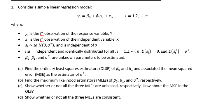 1. Consider a simple linear regression model: Yi = Bo | Chegg.com