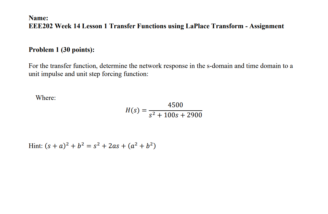 Solved Name: EEE202 Week 14 Lesson 1 Transfer Functions | Chegg.com
