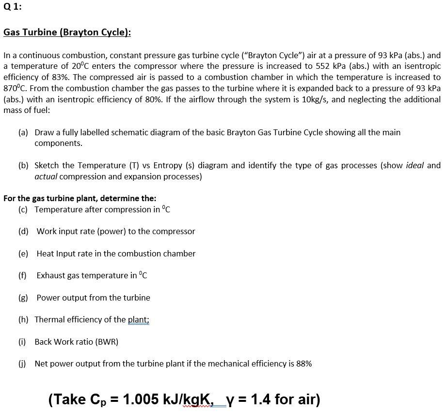 Solved Gas Turbine (Brayton Cycle): In a continuous | Chegg.com