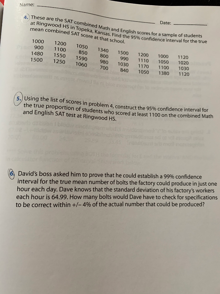 Date: - Name: Confidence Intervals Worksheet plete | Chegg.com