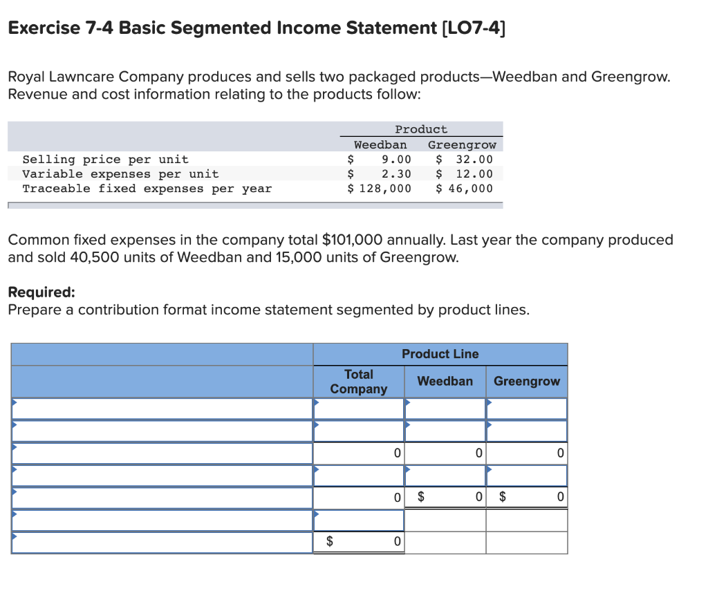 Solved Exercise 7-4 Basic Segmented Income Statement [LO7-4) | Chegg.com