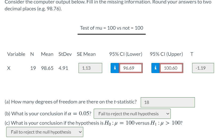 Solved Consider the computer output below. Fill in the | Chegg.com