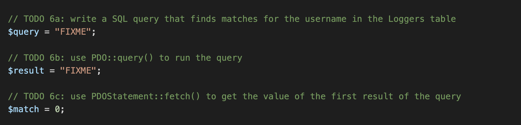 Solved // TODO 6a: write a SQL query that finds matches for | Chegg.com