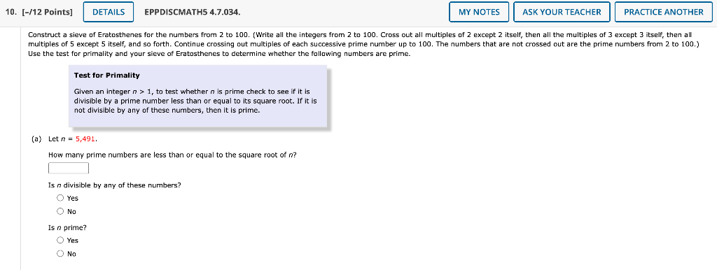 Solved EPPDISCMATH5 4.7.034. Use the test for primality and | Chegg.com