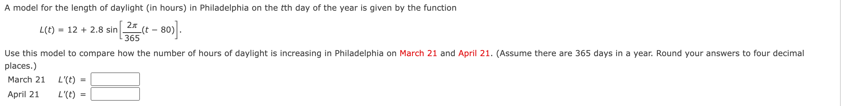 Solved A model for the length of daylight (in hours) in | Chegg.com