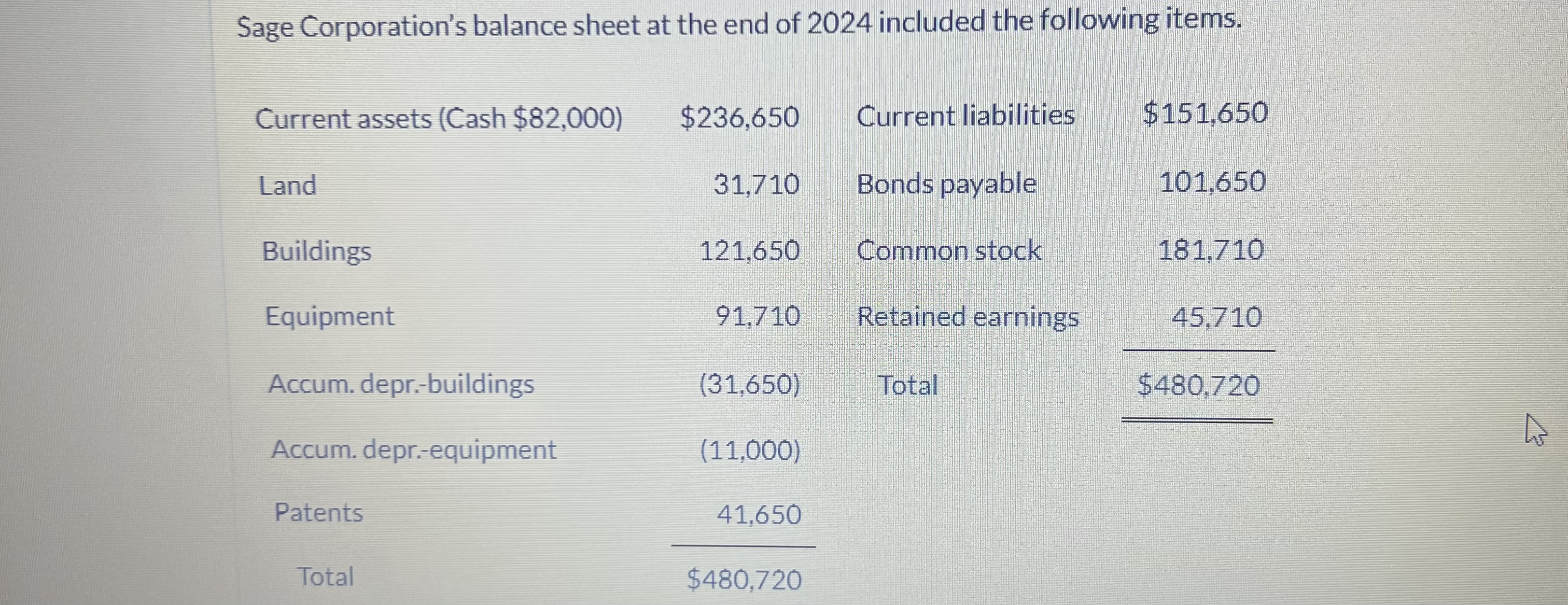 Solved Sage Corporation's balance sheet at the end of 2024 | Chegg.com