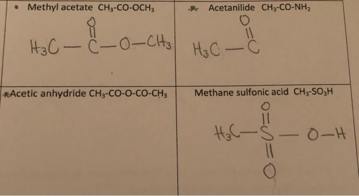 Solved . Methyl acetate CH3-CO-OCH3 xAcetanilide CH3-CO-NH2 | Chegg.com