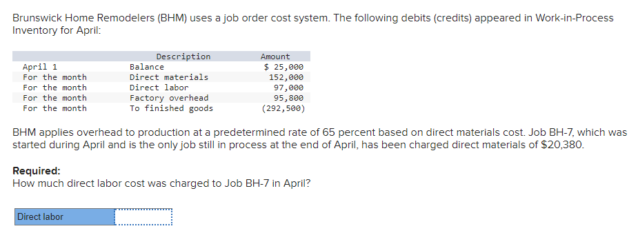 Solved Brunswick Home Remodelers (BHM) uses a job order cost | Chegg.com