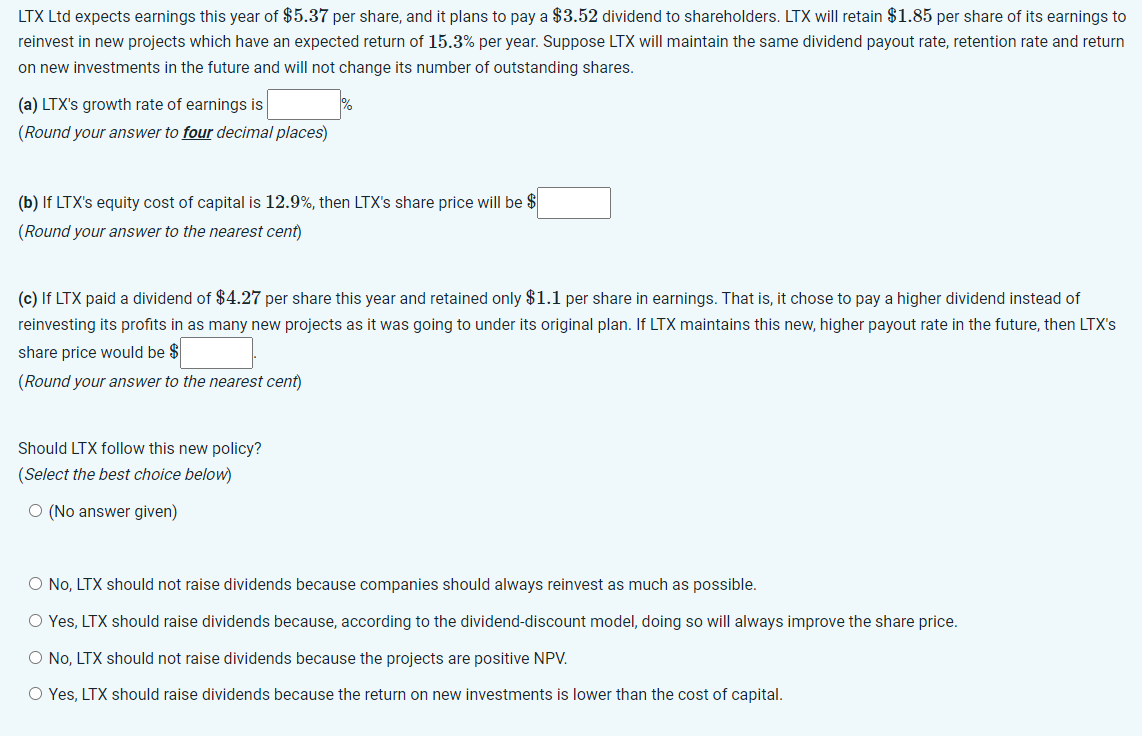 Solved LTX Ltd expects earnings this year of $5.37 per | Chegg.com