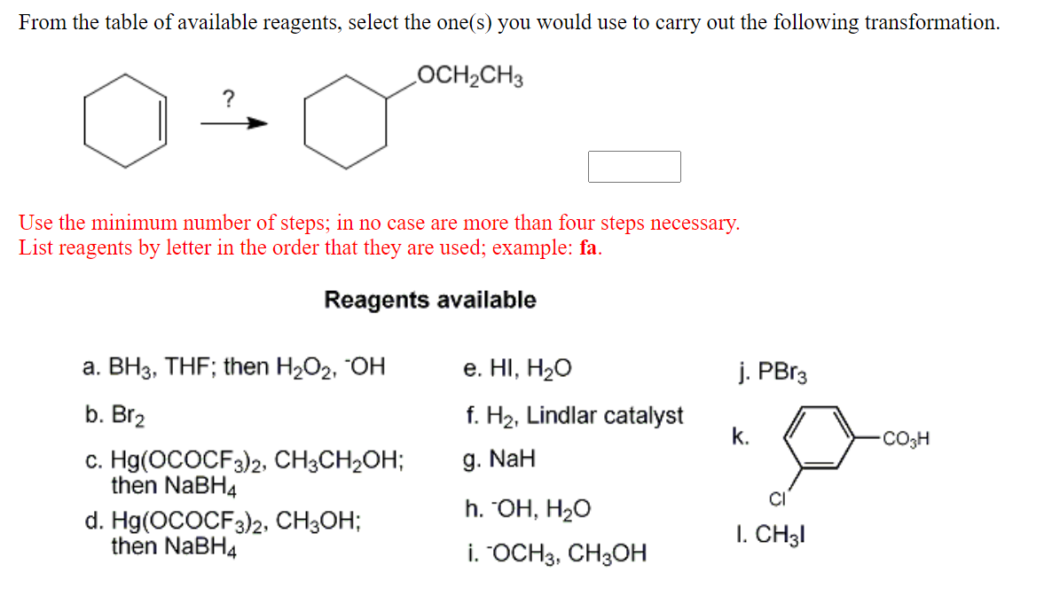 Solved From the table of available reagents, select the | Chegg.com
