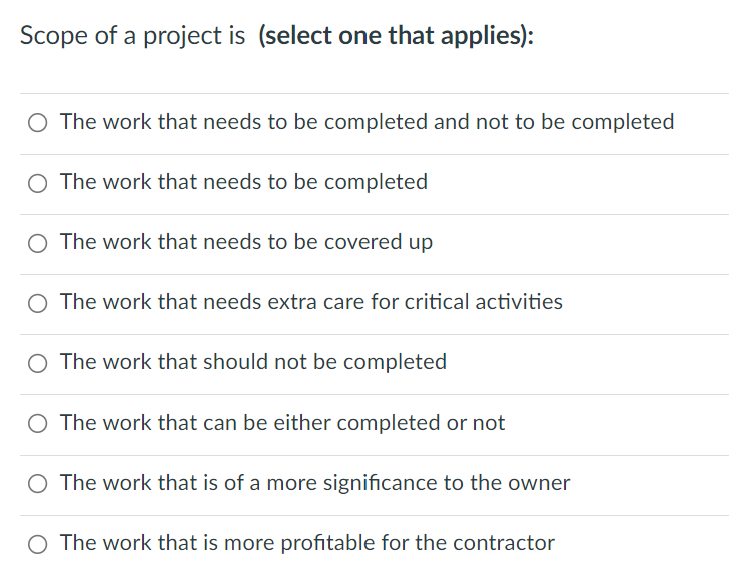 Solved Scope of a project is (select one that applies): The | Chegg.com