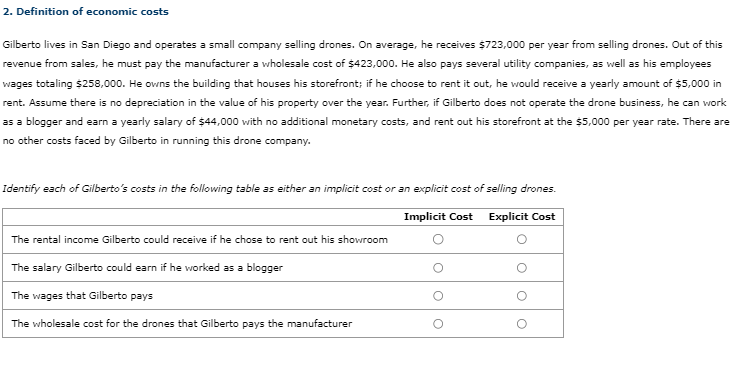 Solved 2. Definition of economic costs Gilberto lives in San | Chegg.com