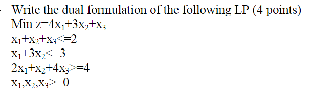Solved Write the dual formulation of the following LP (4 | Chegg.com