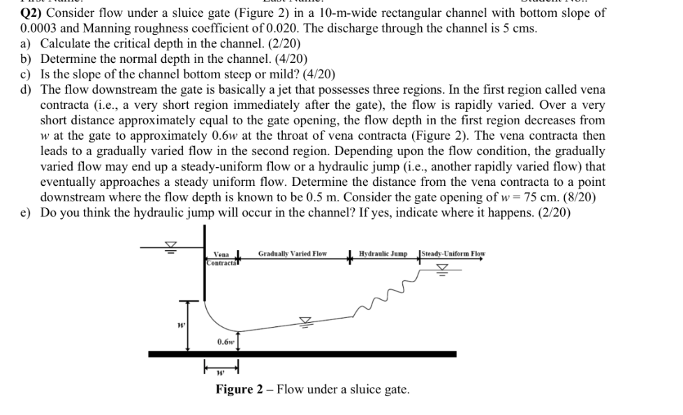 Solved Q2) Consider flow under a sluice gate (Figure 2) in a | Chegg.com