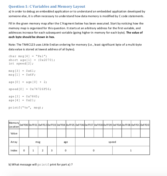 Question 1: C Variables and Memory Layout a) In order | Chegg.com