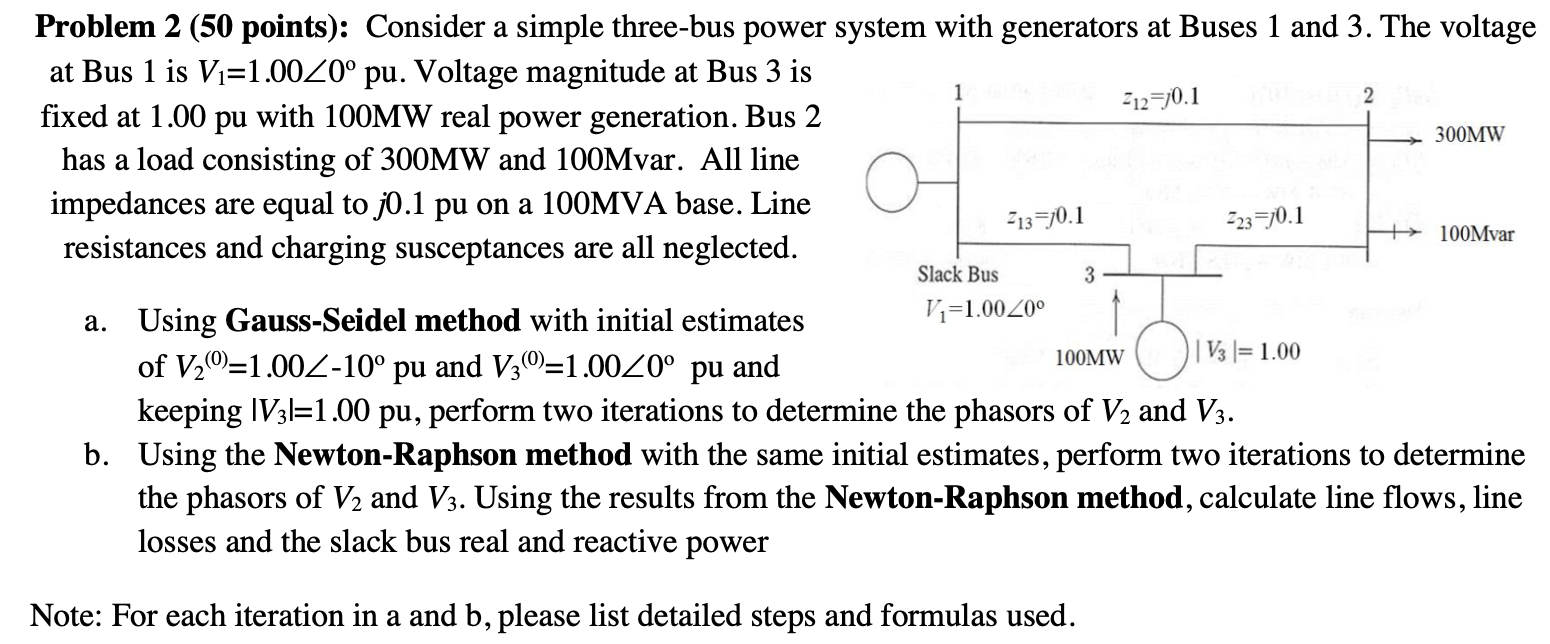 Solved Problem 2 (50 points): Consider a simple three-bus | Chegg.com