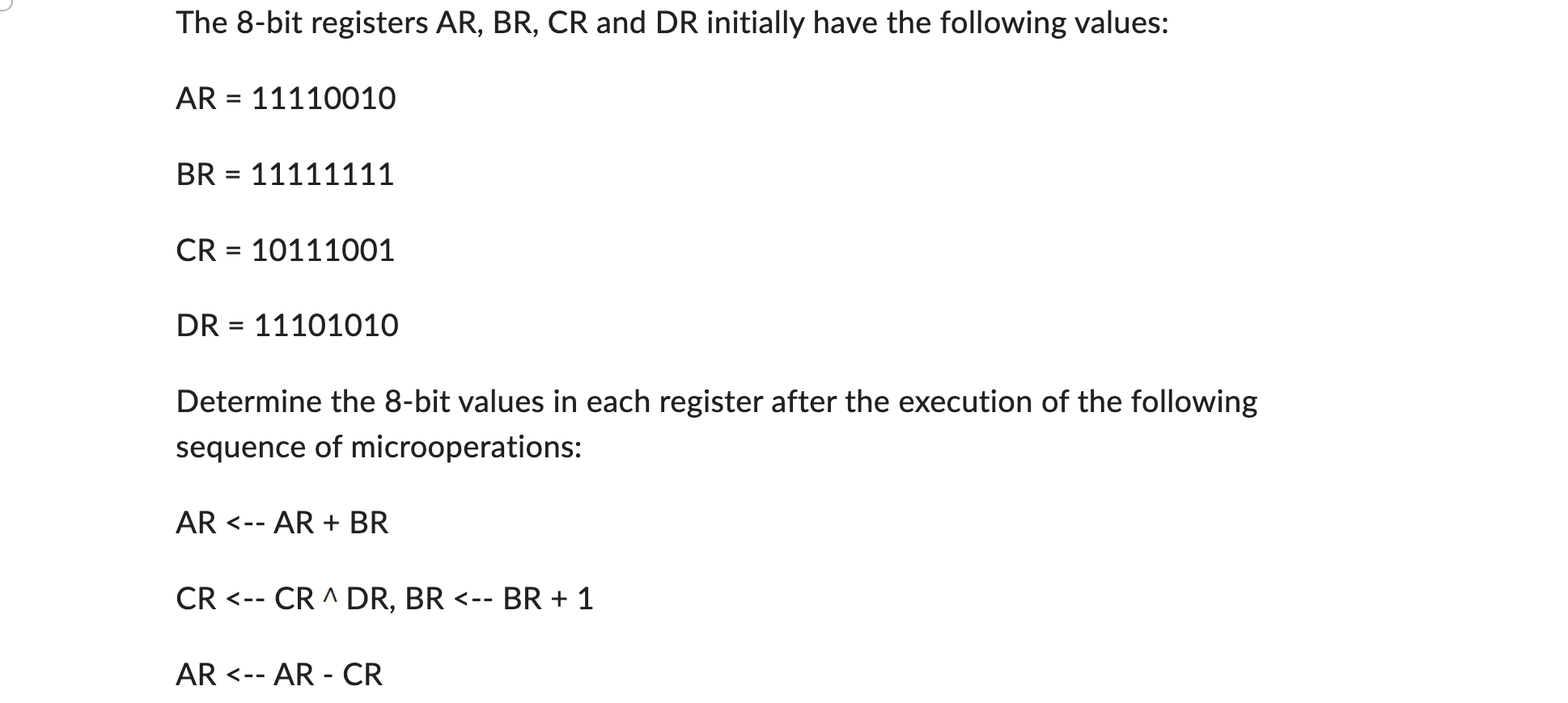 Solved The 8-bit registers AR, BR, CR and DR initially have | Chegg.com