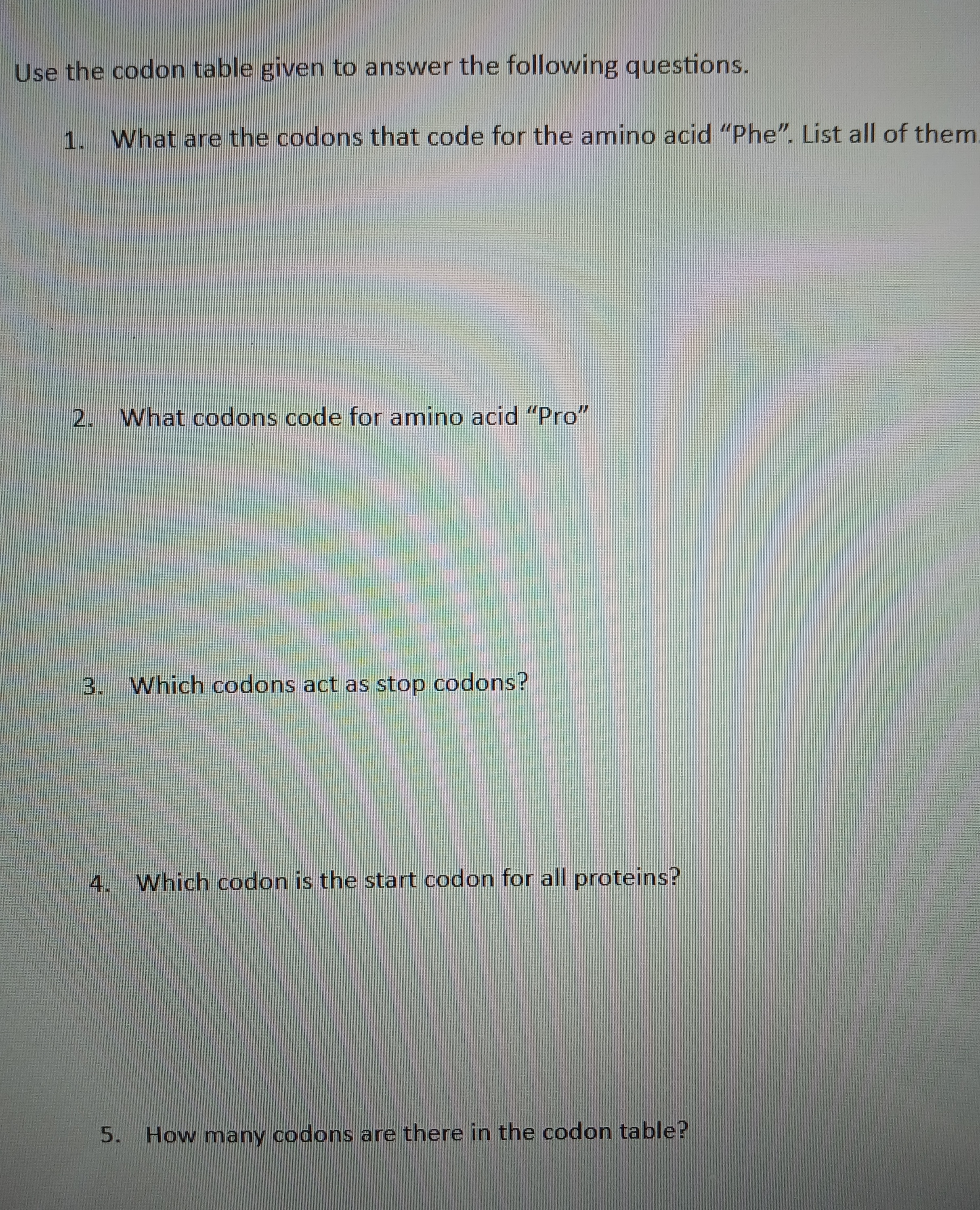 Solved Use the codon table given to answer the following | Chegg.com