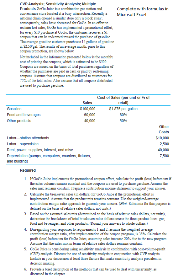 Solved Complete with formulas in Microsoft Excel CVP | Chegg.com