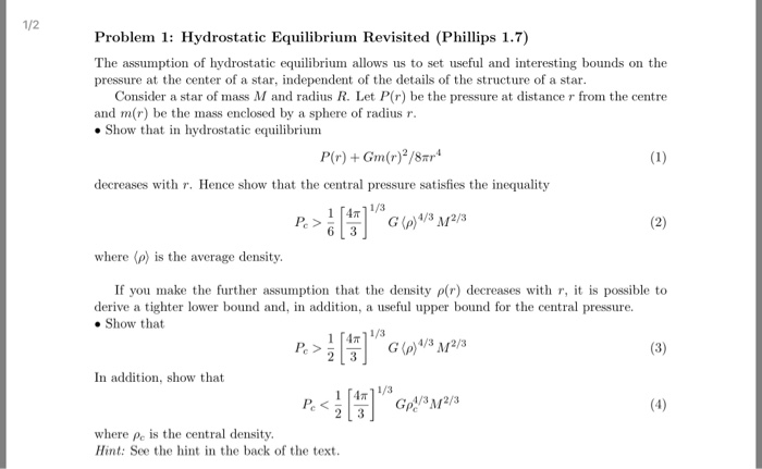 Solved 1/2 Problem 1: Hydrostatic Equilibrium Revisited | Chegg.com