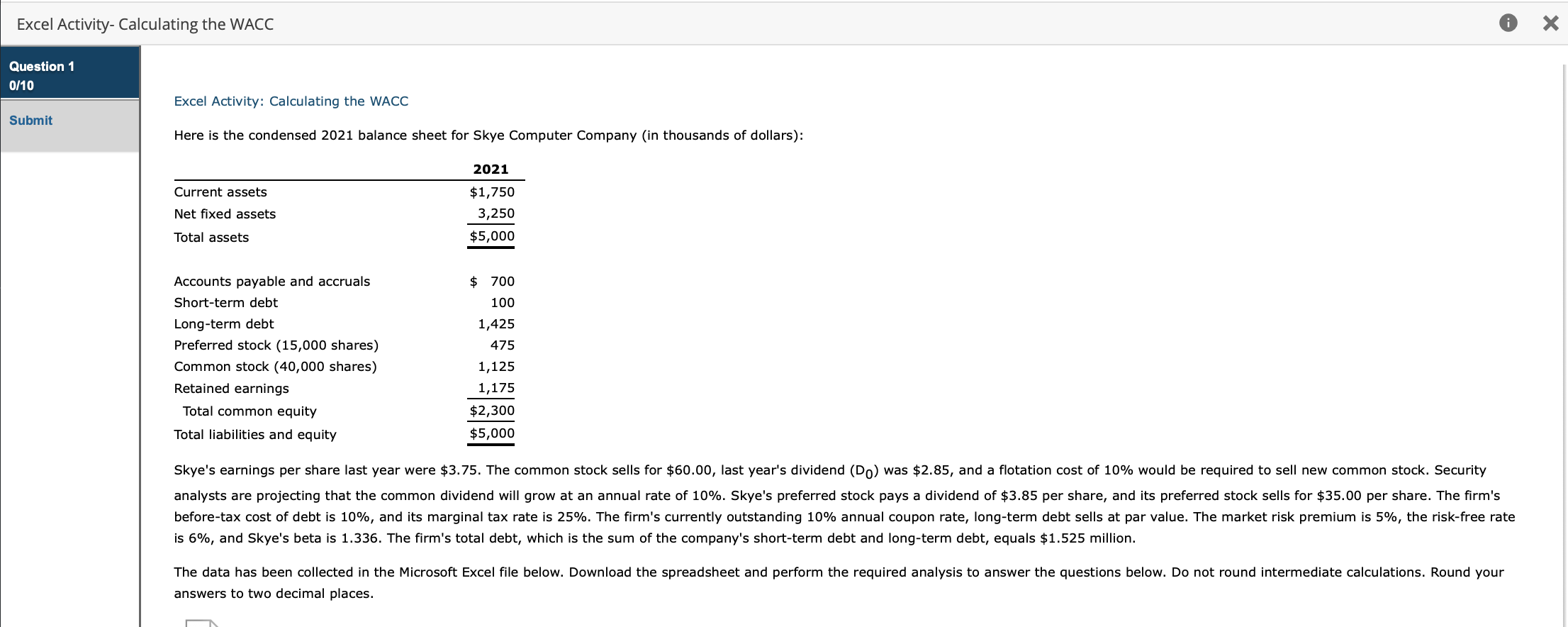 Solved Excel Activity- Calculating the WACC Question 1 0/10 | Chegg.com