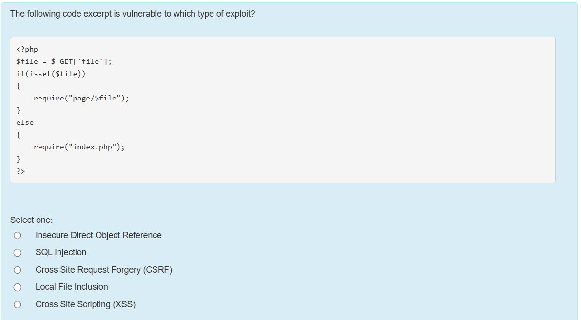 Solved The following code excerpt is vulnerable to which | Chegg.com