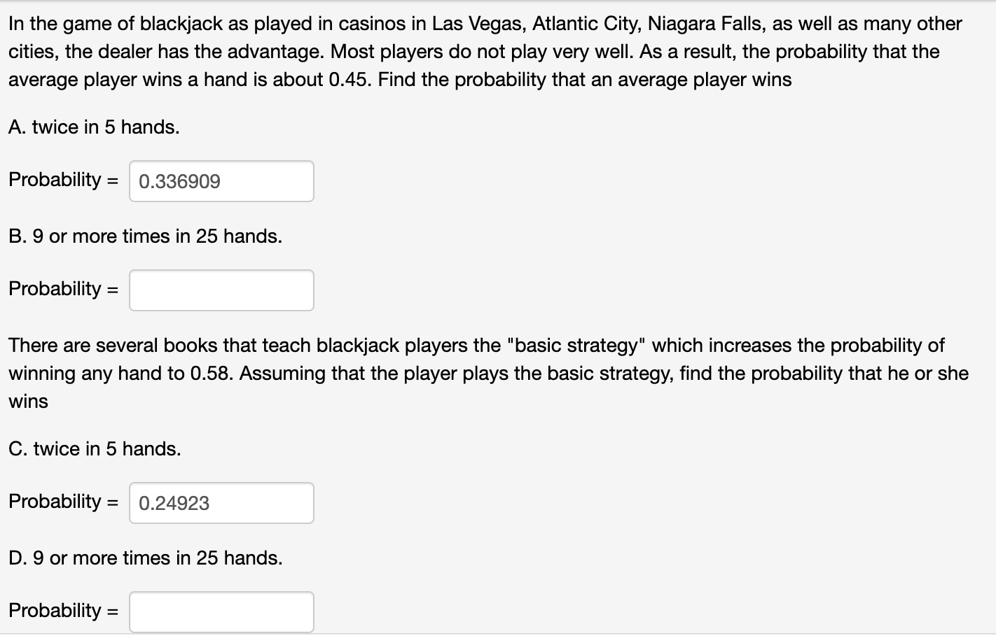 Solved In the game of blackjack as played in casinos in Las | Chegg.com