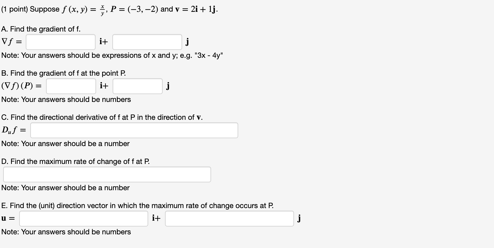 Solved 1 Point Suppose F X Y Yx P −3 −2 And V 2i 1j A