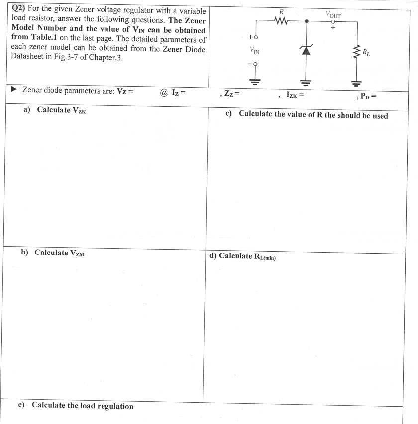 Solved R Vout W + Q2) For the given Zener voltage regulator | Chegg.com