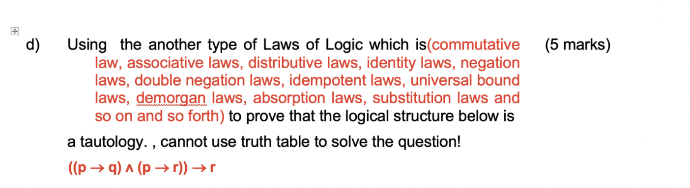 Solved d) (5 marks) Using the another type of Laws of Logic | Chegg.com