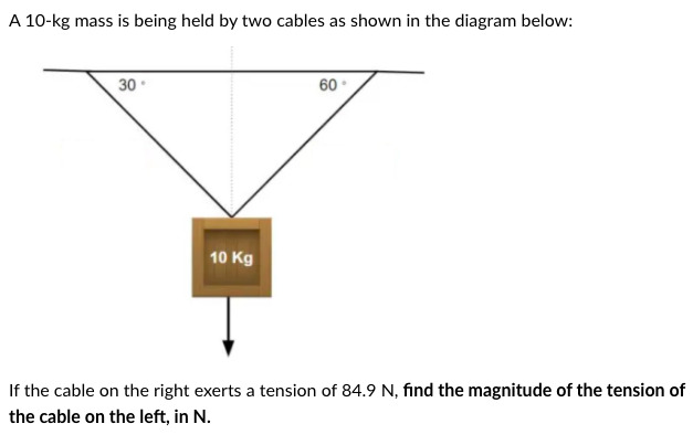 Solved A 10-kg mass is being held by two cables as shown in | Chegg.com
