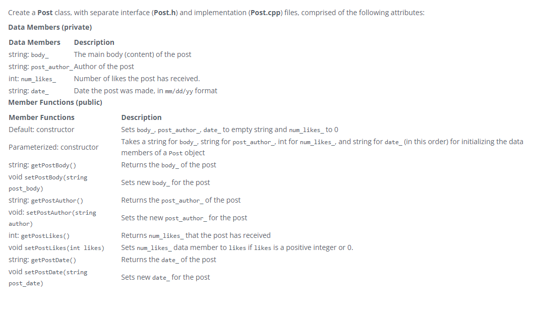Solved Create a Post class, with separate interface (Post.h) | Chegg.com