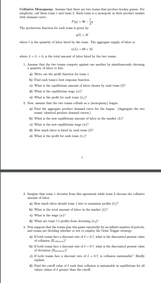 Solved Collusive Monopsony. Assume that there are two teams | Chegg.com