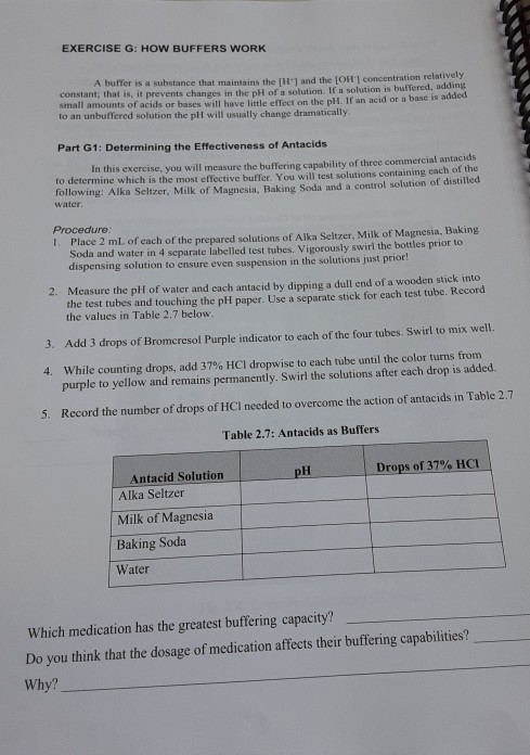 EXERCISE G: HOW BUFFERS WORK A buffer is a substance | Chegg.com