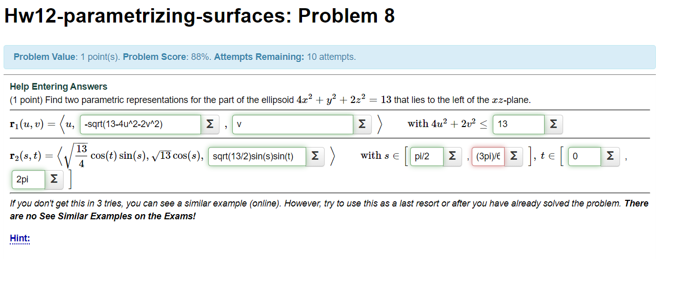 Solved Hw12-parametrizing-surfaces: Problem 8 Problem Value: | Chegg.com
