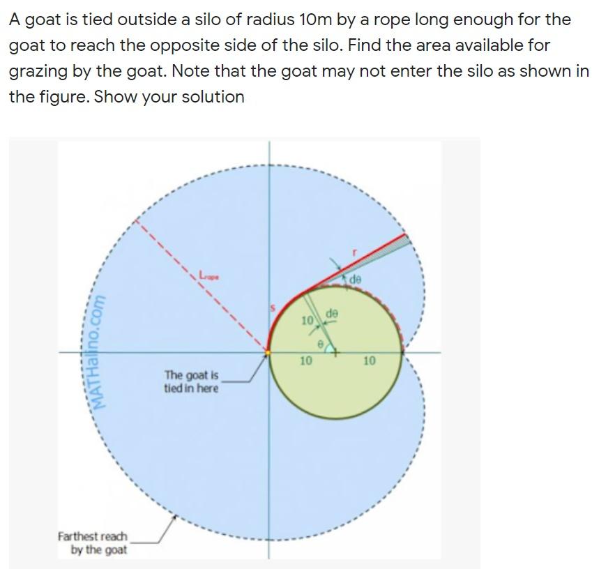 Solved A goat is tied outside a silo of radius 10m by a rope | Chegg.com