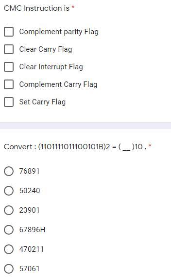 Solved CMC Instruction is Complement parity Flag Clear Carry | Chegg.com