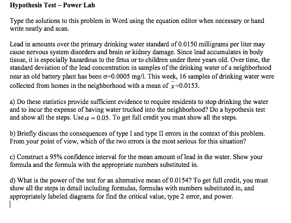 Solved Hypothesis Test - Power Lab Type the solutions to | Chegg.com