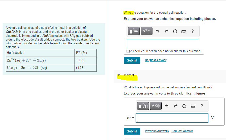 Solved Write the equation for the overall cell reaction. | Chegg.com